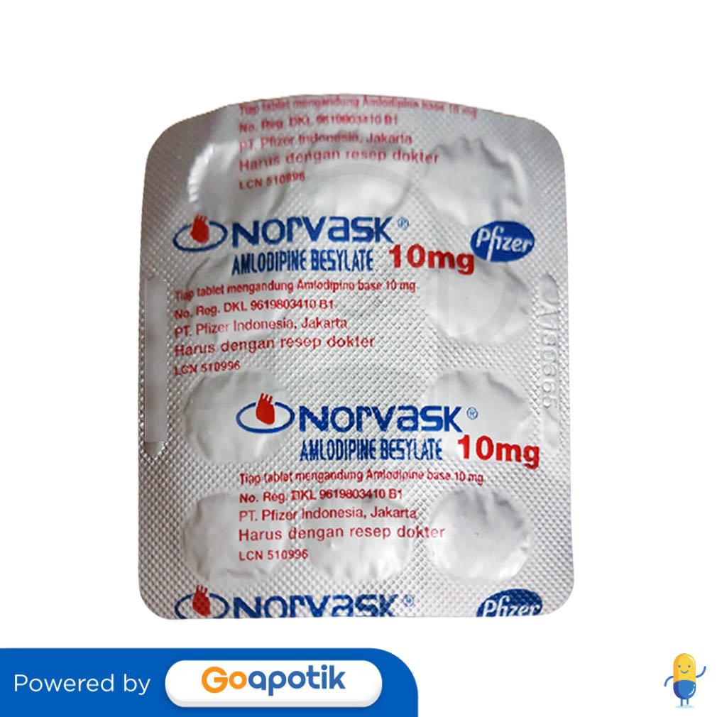 NORVASK 10 MG BLISTER 10 TABLET - Kegunaan, Efek Samping, Dosis dan Aturan Pakai